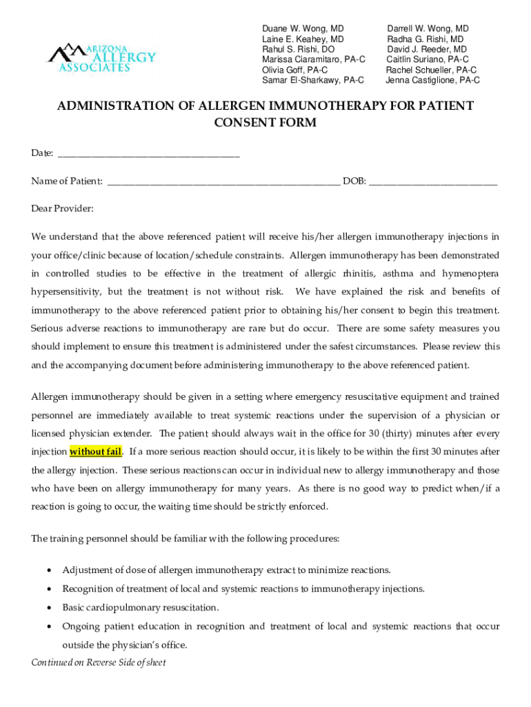 Fillable Online Consent Form for Allergen Immunotherapy Fax Email Print - pdfFiller