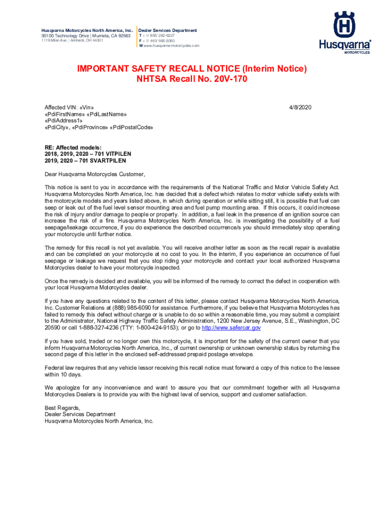 Fillable Online Husqvarna Motorcycles Safety Recall Notice Fax Email ...