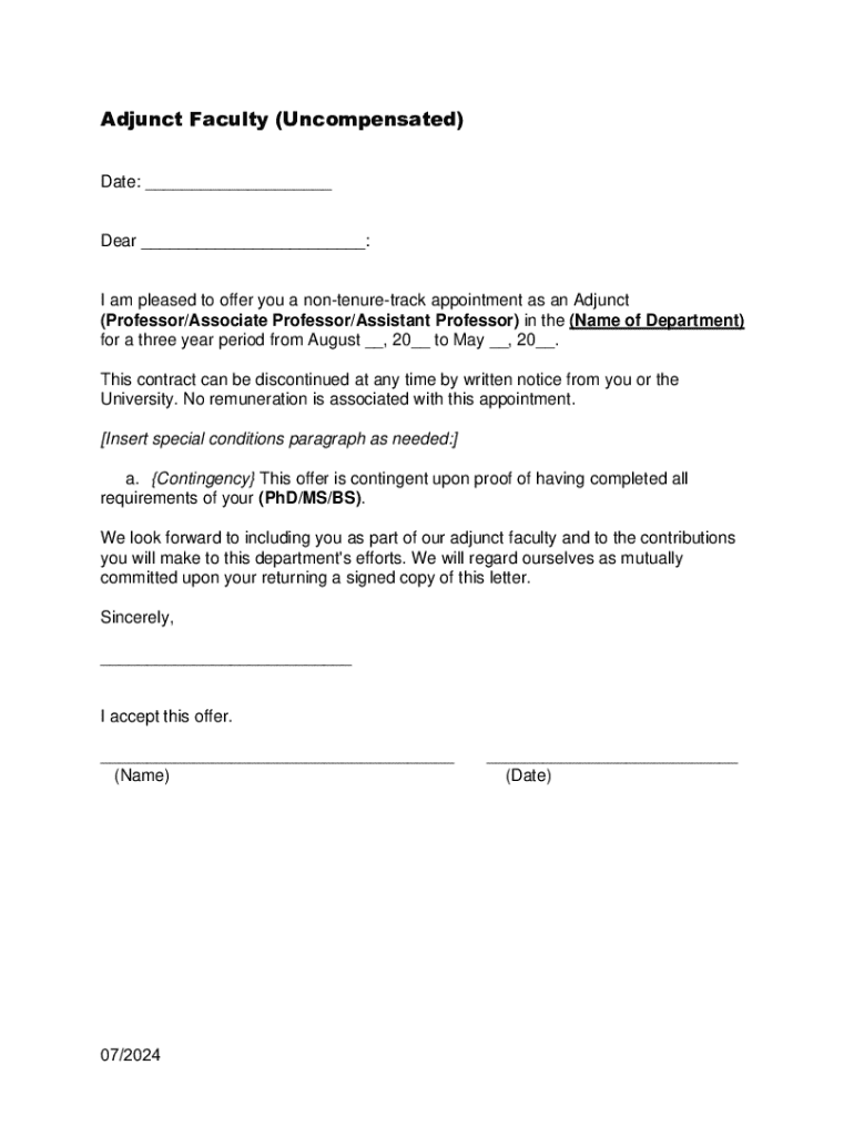 Fillable Online Adjunct Faculty (uncompensated) Appointment Offer Fax Email Print - pdfFiller