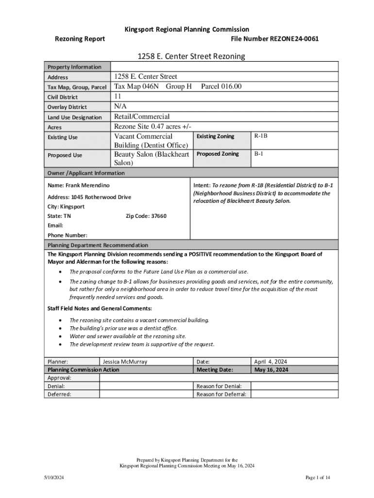 Fillable Online Kingsport Regional Planning Commission - Rezoning ...