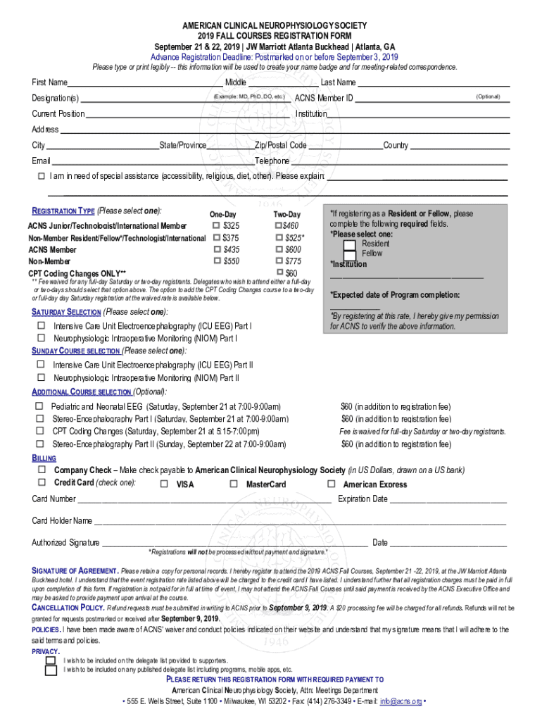 Fillable Online American Clinical Neurophysiology Society 2019 Fall Courses Fax Email Print ...