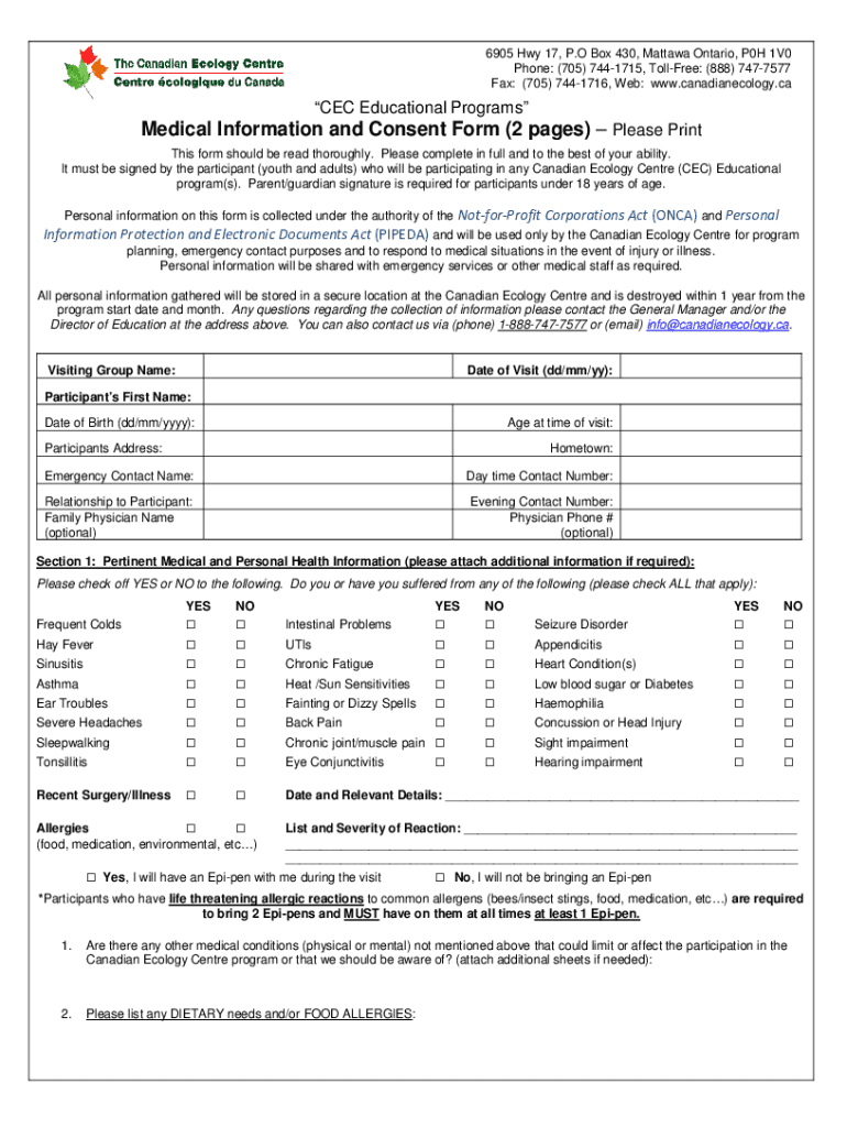 Fillable Online Medical Information and Consent Form for Cec ...