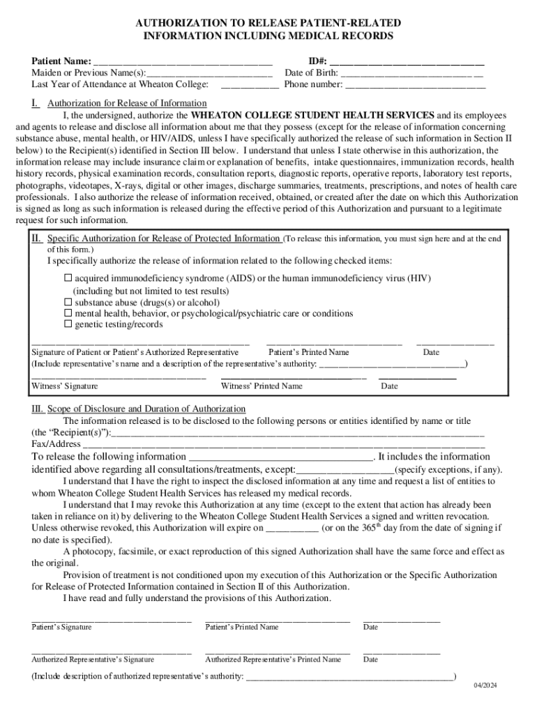 Fillable Online Authorization to Release Patient-related Information Including Medical Records ...