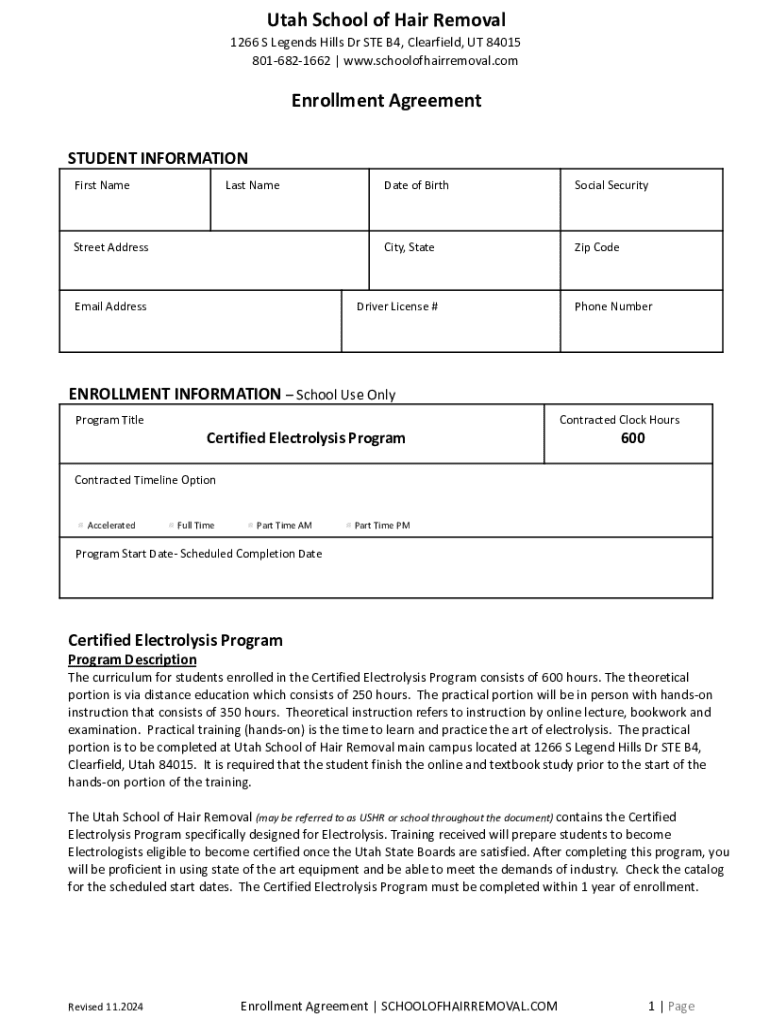 Fillable Online Utah School of Hair Removal Enrollment Agreement Fax ...
