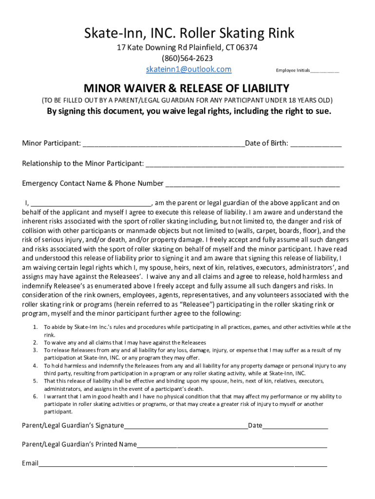 Fillable Online Skate-inn, Inc. Minor Waiver & Release of Liability Fax ...