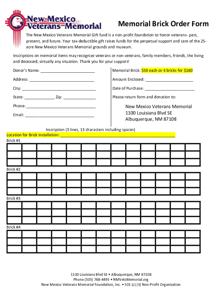 Fillable Online Memorial Brick Order Form Fax Email Print - pdfFiller