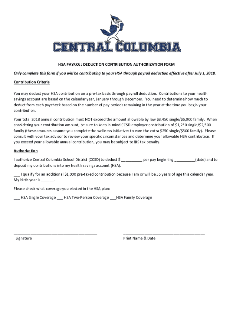 Fillable Online Hsa Payroll Deduction Contribution Authorization Fax ...