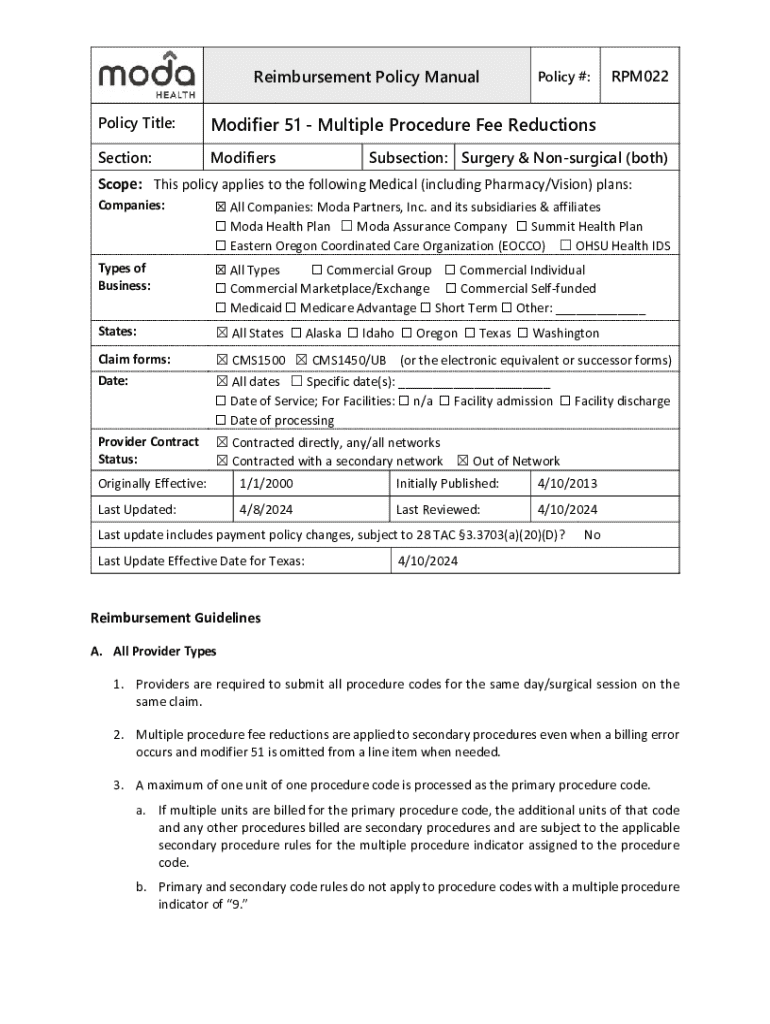 Fillable Online Modifier 51 - Multiple Procedure Fee Reductions Fax ...