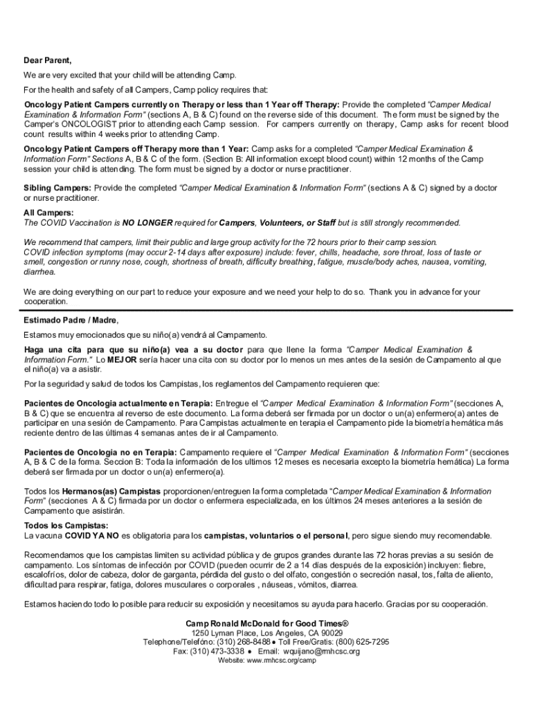 Fillable Online Camp Ronald Mcdonald for Good Times® - Medical ...