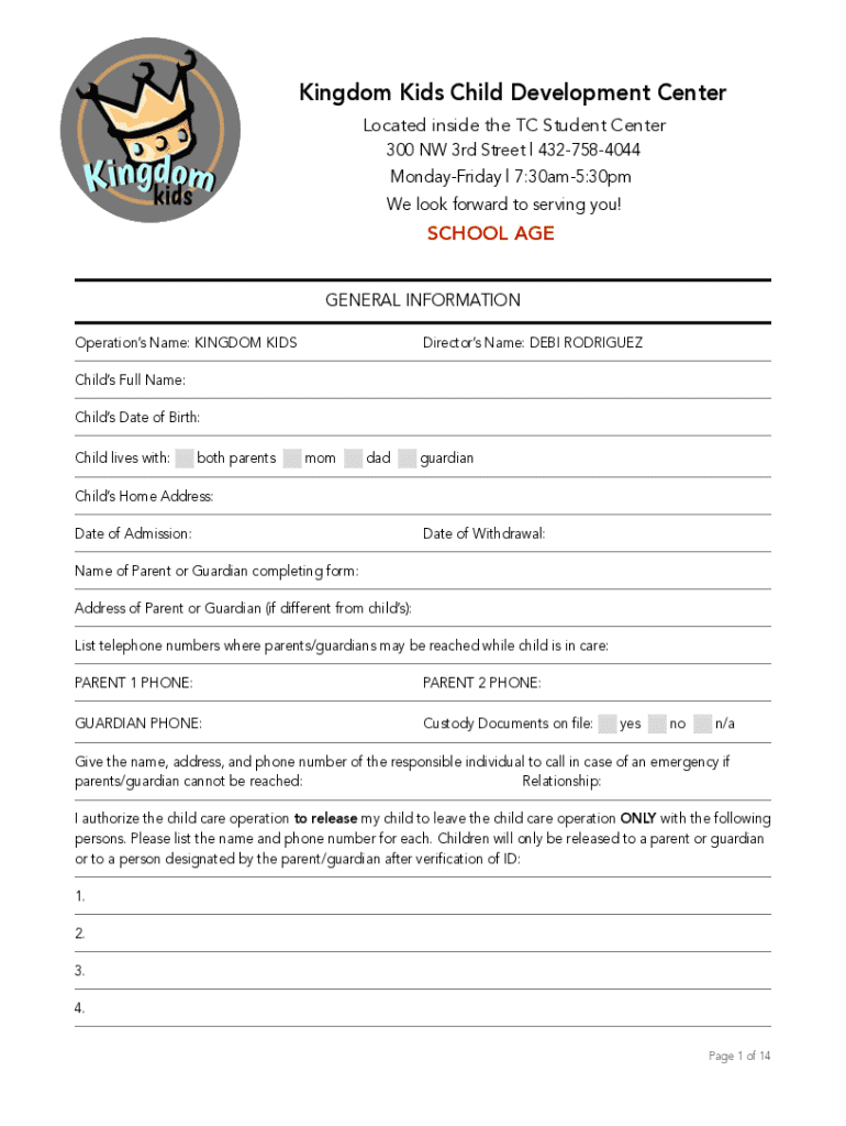Fillable Online Kingdom Kids Child Development Center Enrollment ...