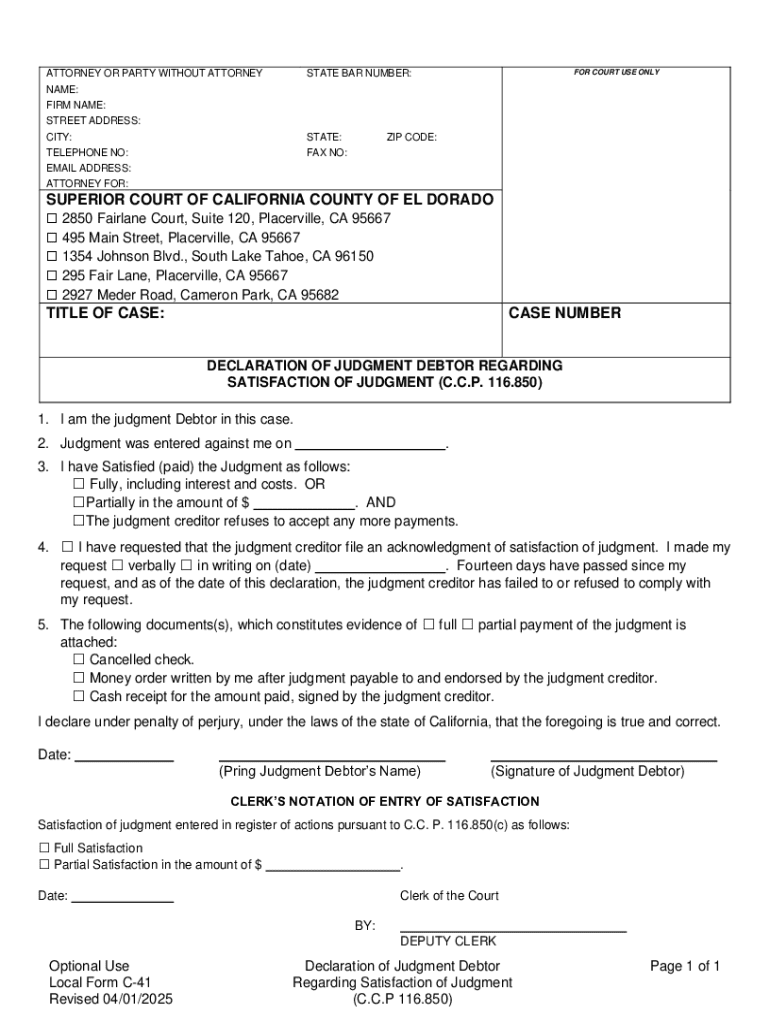 Declaration of Judgment Debtor Regarding Satisfaction of Judgment: Fill ...