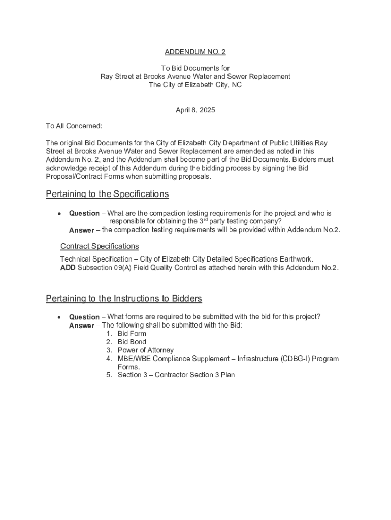 Fillable Online Addendum No. 2 to Bid Documents for Ray Street at ...