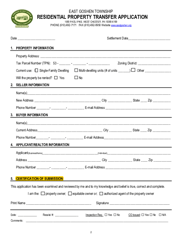 Fillable Online East Goshen Township Residential Property Transfer ...