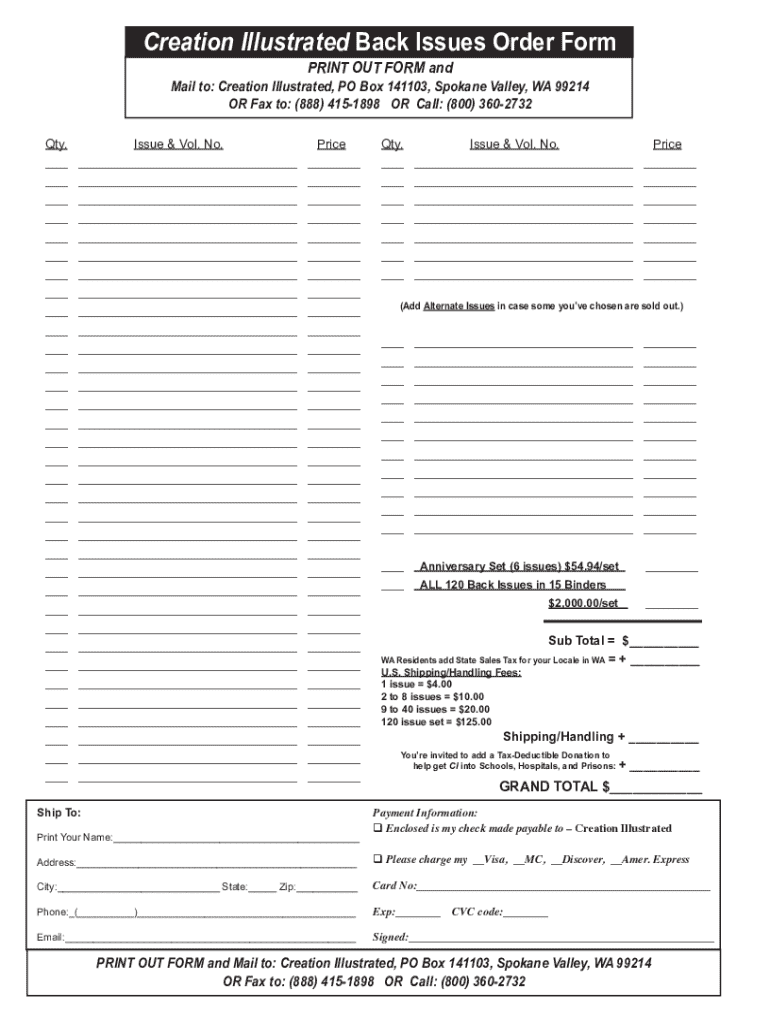 Fillable Online Creation Illustrated Back Issues Order Form Fax Email Print - pdfFiller