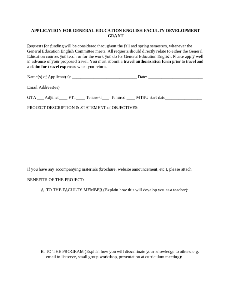 Application for General Education English Faculty Development Grant Doc Template | pdfFiller