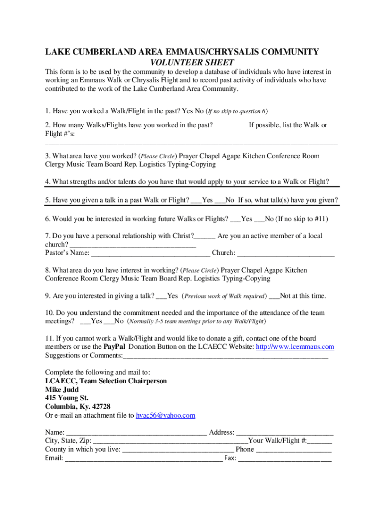 Fillable Online Lake Cumberland Area Emmaus/chrysalis Community Volunteer Sheet Fax Email Print ...
