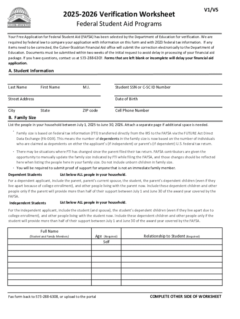 Fillable Online 2025-2026 Verification Worksheet Fax Email Print - pdfFiller