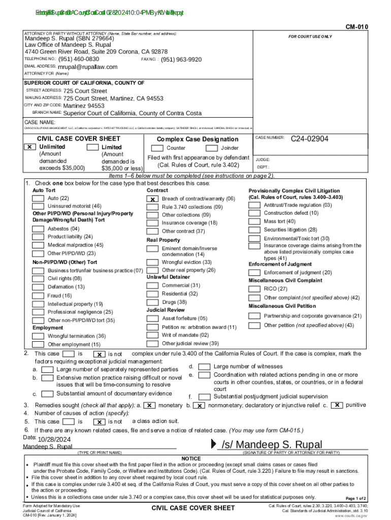 Fillable Online Civil Case Cover Sheet Fax Email Print - pdfFiller