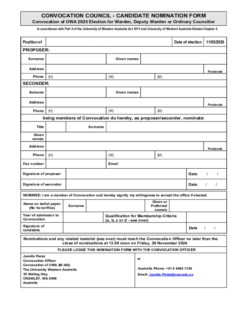 Fillable Online Convocation Council - Candidate Nomination Form Fax Email Print - pdfFiller