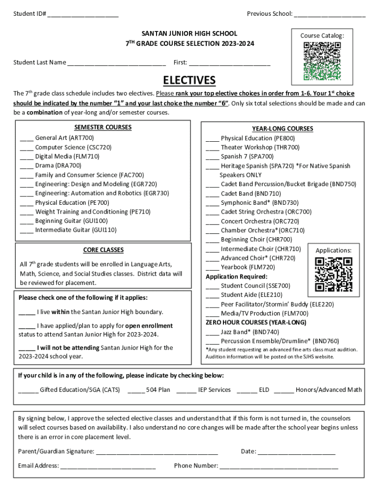 Fillable Online Santan Junior High School 7th Grade Course Selection 2023-2024 Fax Email Print ...