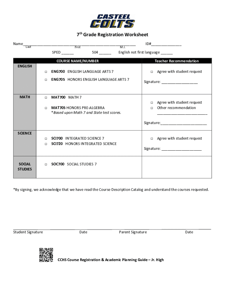 Fillable Online 7th Grade Registration Worksheet Fax Email Print ...