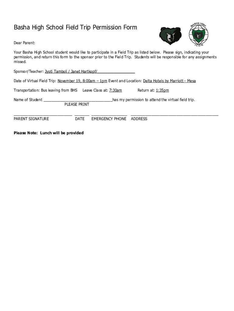 Fillable Online Basha High School Field Trip Permission Form Fax Email ...
