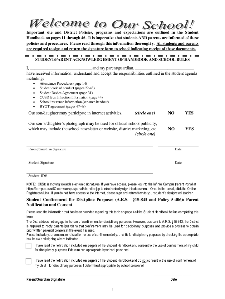 Fillable Online Student/parent Acknowledgement of Handbook and School ...