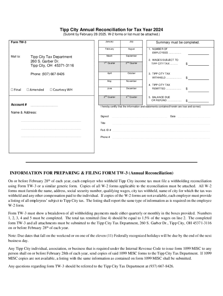 Fillable Online Tipp City Annual Reconciliation for Tax Year 2024 Fax Email Print - pdfFiller
