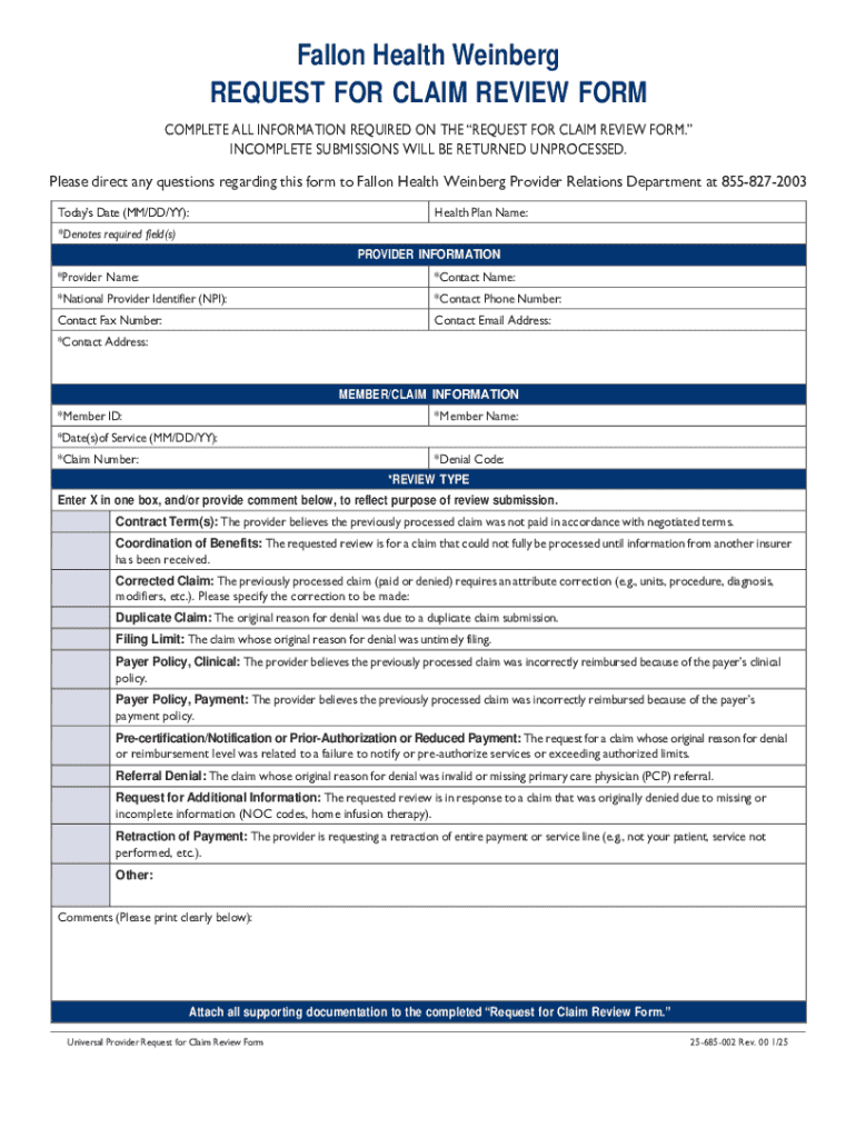 Fillable Online Fallon Health Weinberg Request for Claim Review Form ...