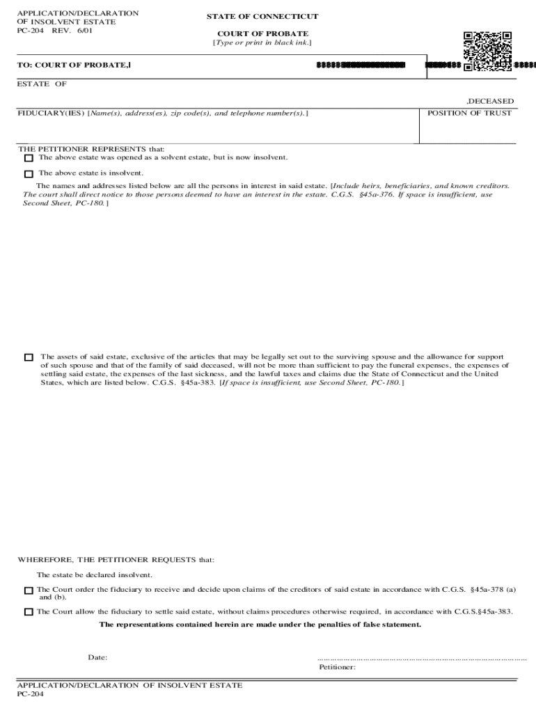 Fillable Online Application/declaration of Insolvent Estate Pc-204 Rev. 6/01 Fax Email Print ...