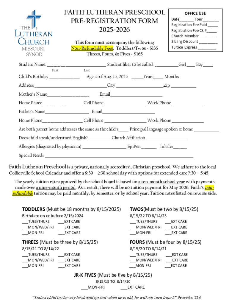 Fillable Online Pre-registration Form for Faith Lutheran Preschool 2025-2026 Fax Email Print ...