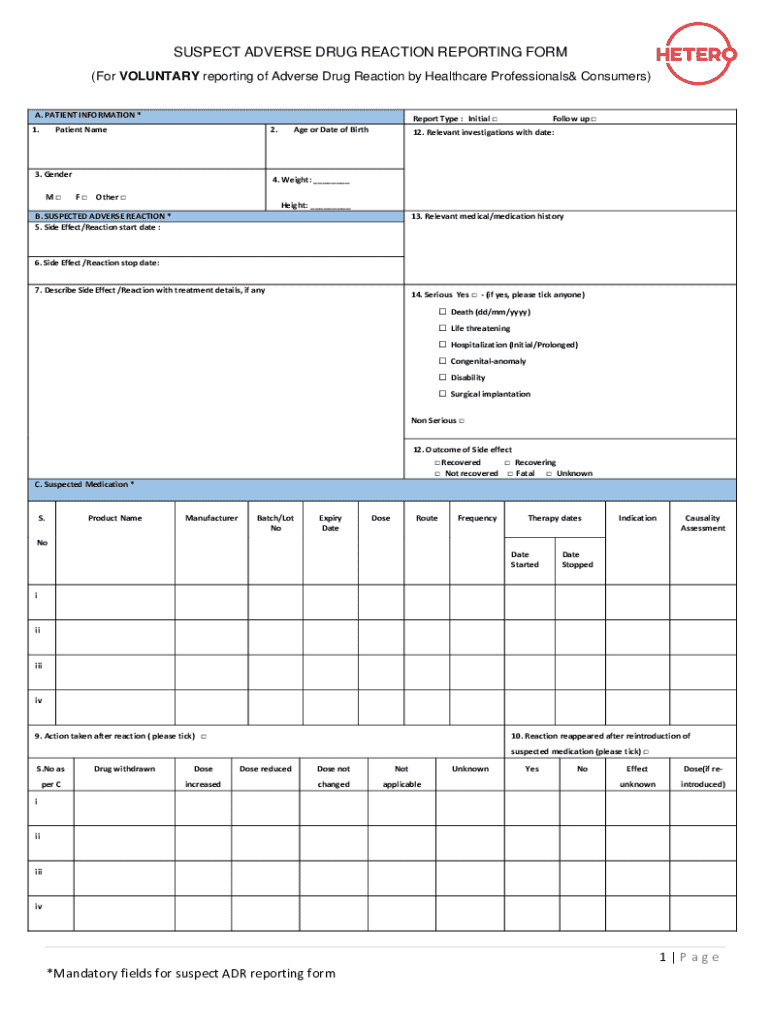 Fillable Online Suspect Adverse Drug Reaction Reporting Form Fax Email Print - pdfFiller