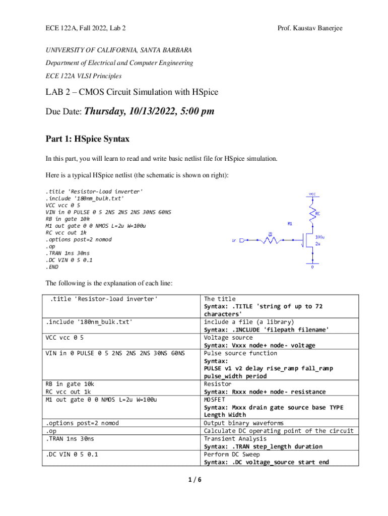 Fillable Online Lab 2 – Cmos Circuit Simulation With Hspice Fax Email Print - pdfFiller