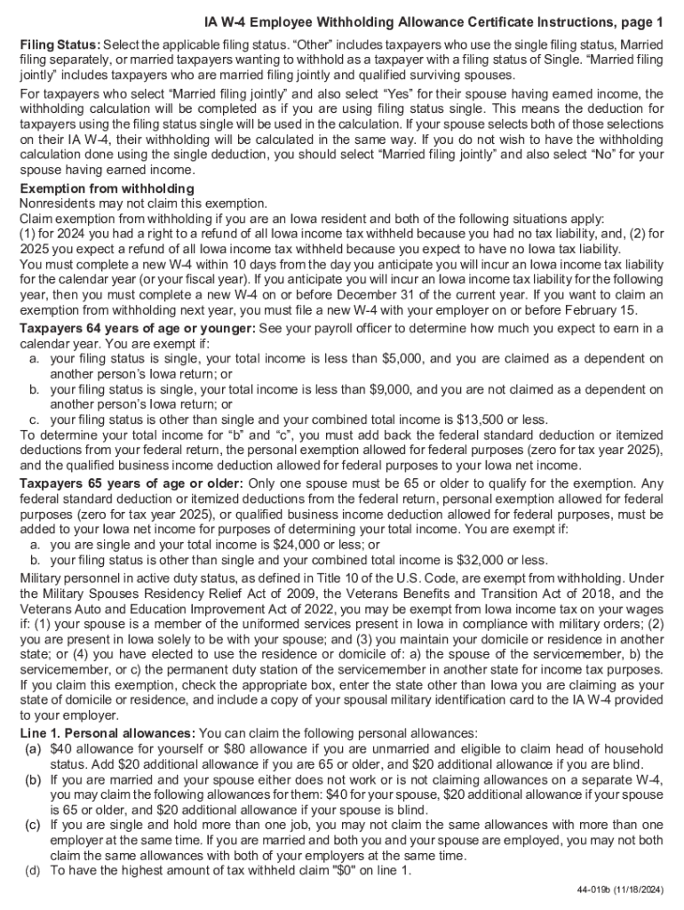 Fillable Online Ia W-4 Employee Withholding Allowance Certificate Instructions Fax Email Print ...