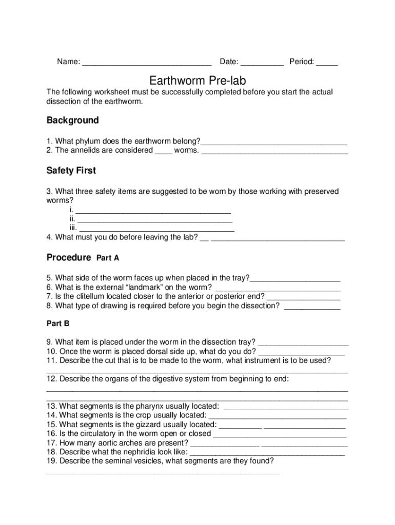 Fillable Online Earthworm Dissection Pre-lab Fax Email Print - pdfFiller