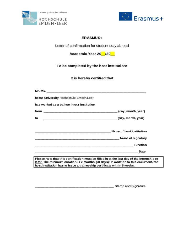 Erasmus Confirmation Letter Doc Template | pdfFiller