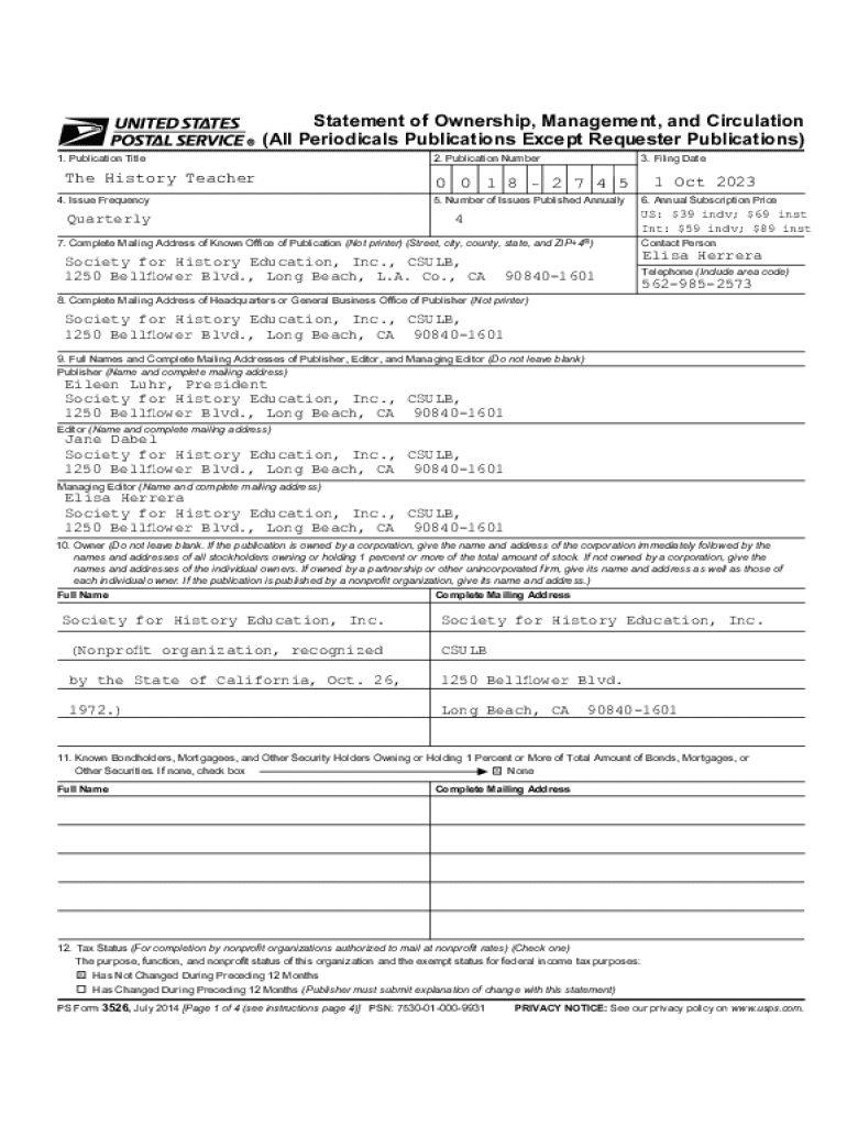 Fillable Online the History Teacher - Statement of Ownership Fax Email ...