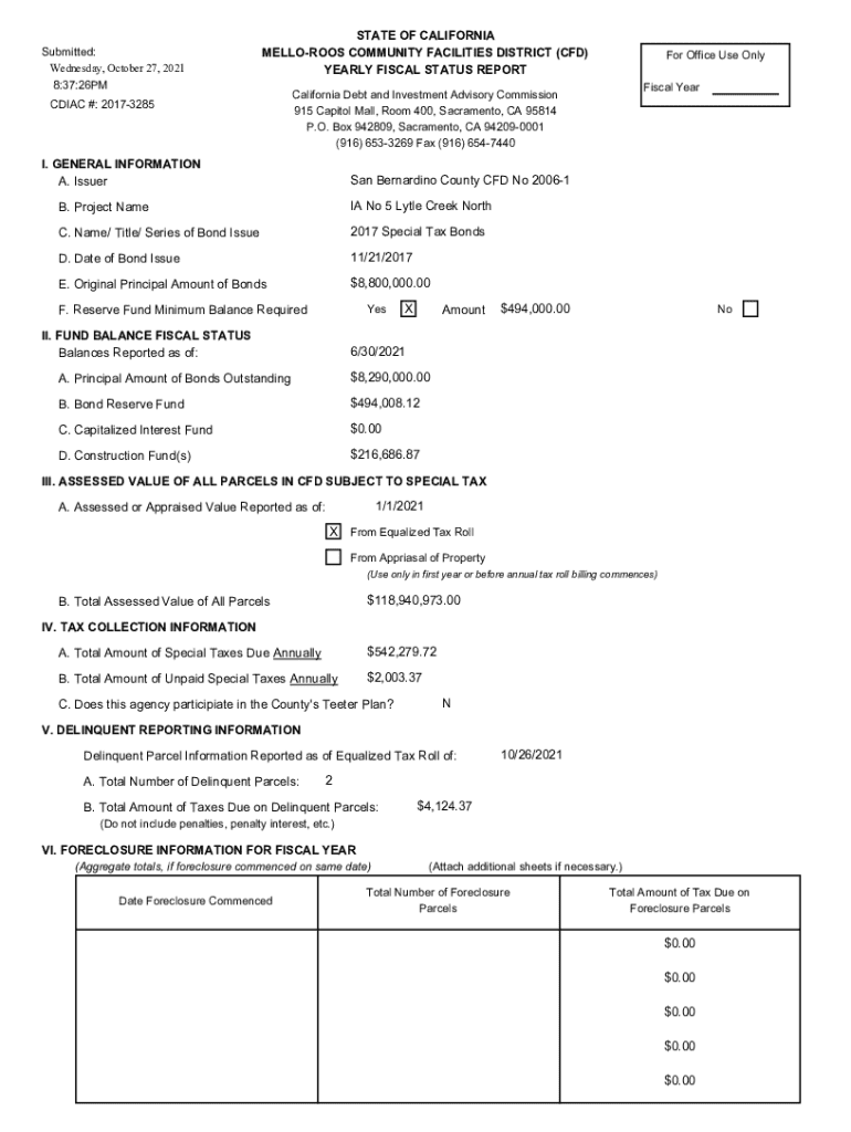 Fillable Online Yearly Fiscal Status Report for San Bernardino County Cfd No 2006-1 Fax Email ...