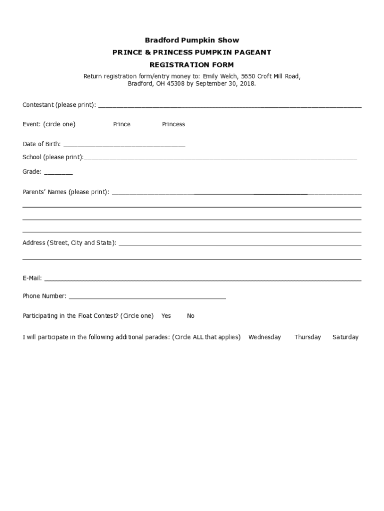 Fillable Online Bradford Pumpkin Show - Prince & Princess Pumpkin ...