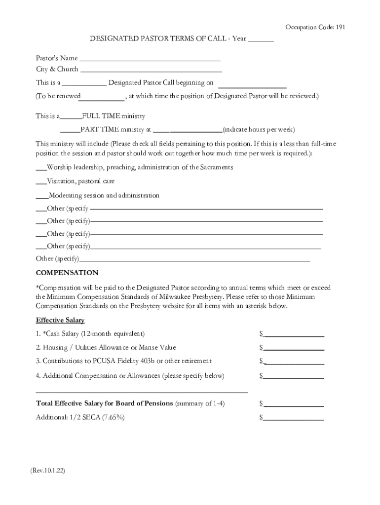Fillable Online Designated Pastor Terms of Call - Year _______ Fax ...
