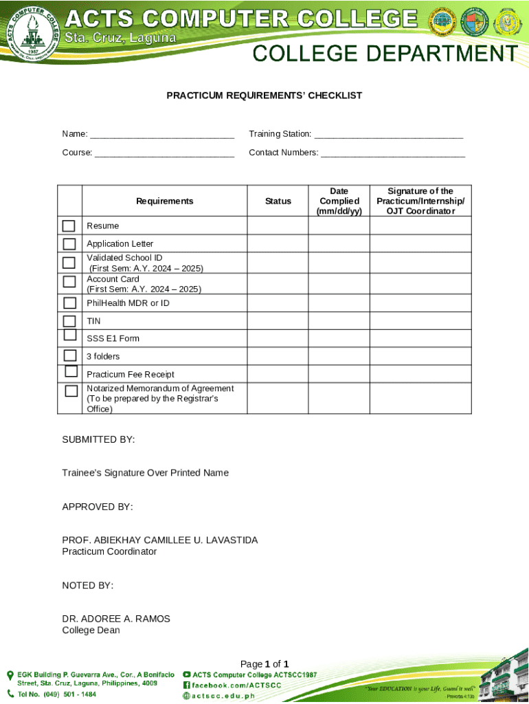 Practicum Requirements' Checklist Doc Template | pdfFiller
