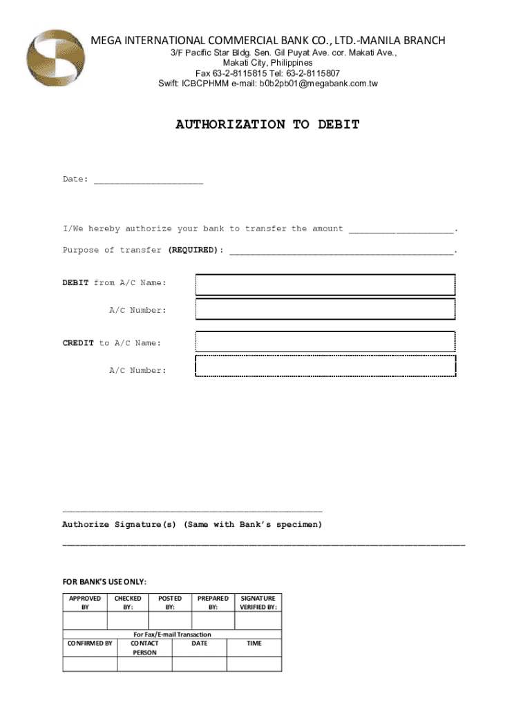 Fillable Online Authorization to Debit Form Fax Email Print - pdfFiller