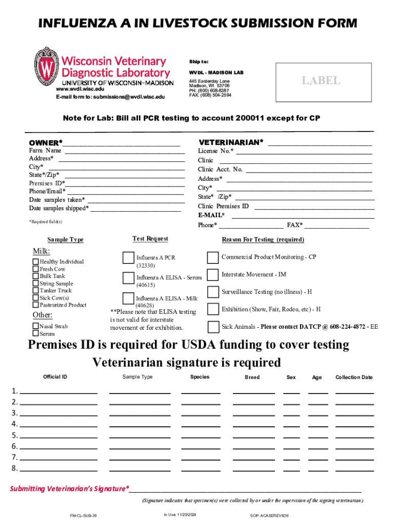 Fillable Online Influenza a in Livestock Submission Form Fax Email ...