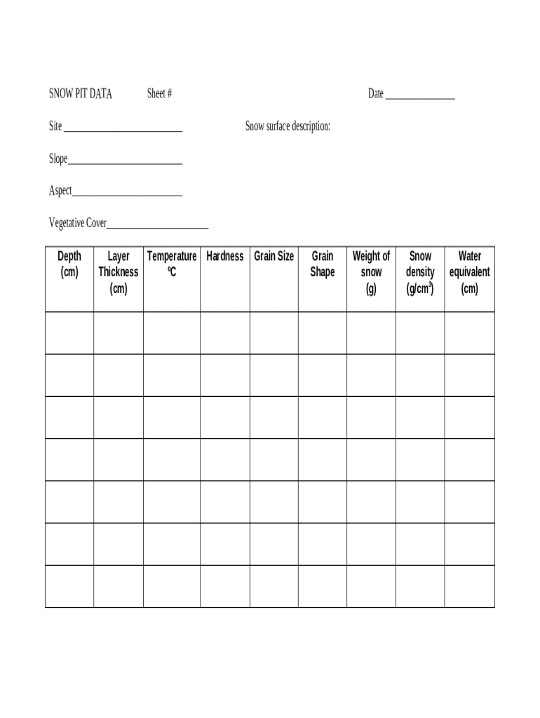 Snow Pit Data Sheet Doc Template | pdfFiller