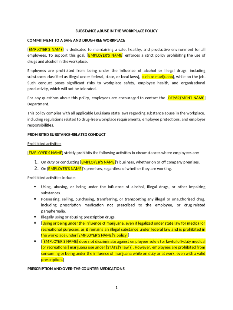 Substance Abuse in the Workplace Policy Doc Template | pdfFiller