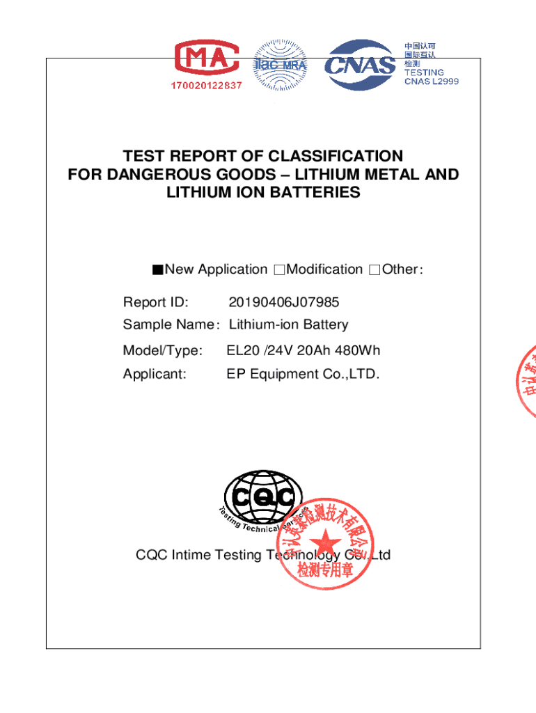 Fillable Online Test Report of Classification for Dangerous Goods Fax ...