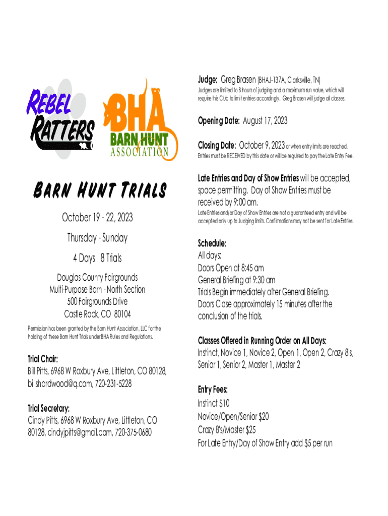 Fillable Online Rebel Ratters Barn Hunt Trials - October 19-22, 2023 Fax Email Print - pdfFiller