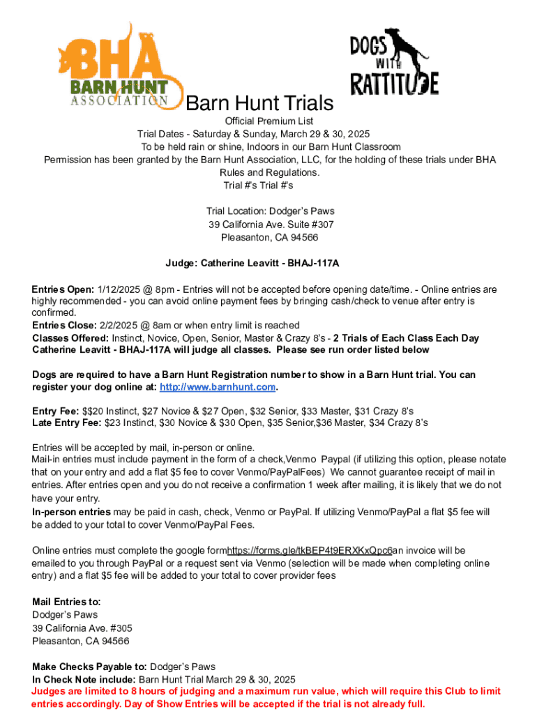 Fillable Online Barn Hunt Trials Official Premium List Fax Email Print ...