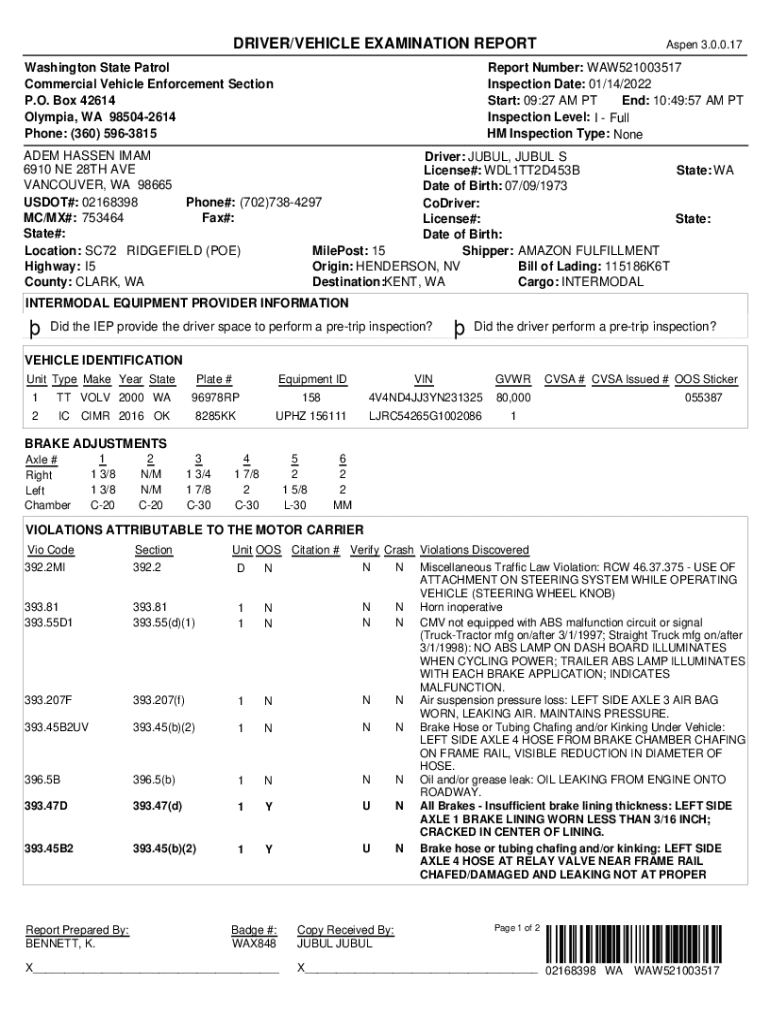 Fillable Online Driver/vehicle Examination Report Fax Email Print ...