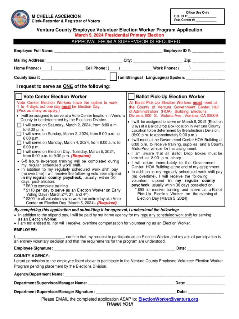 Fillable Online Employee Volunteer Election Worker Program Application ...